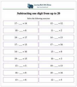 Subtract one digit number from up to 20 (12-__=9) - RhinoMath.com ...
