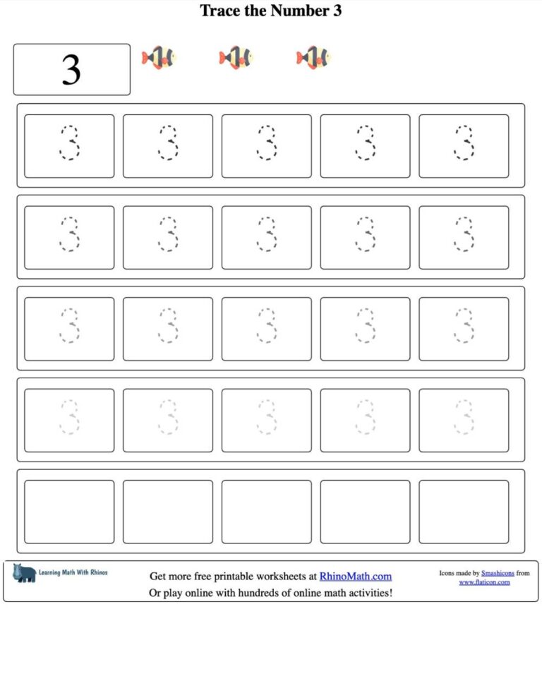 Tracing the Number 3 - Number Tracing Worksheets - RhinoMath.com ...