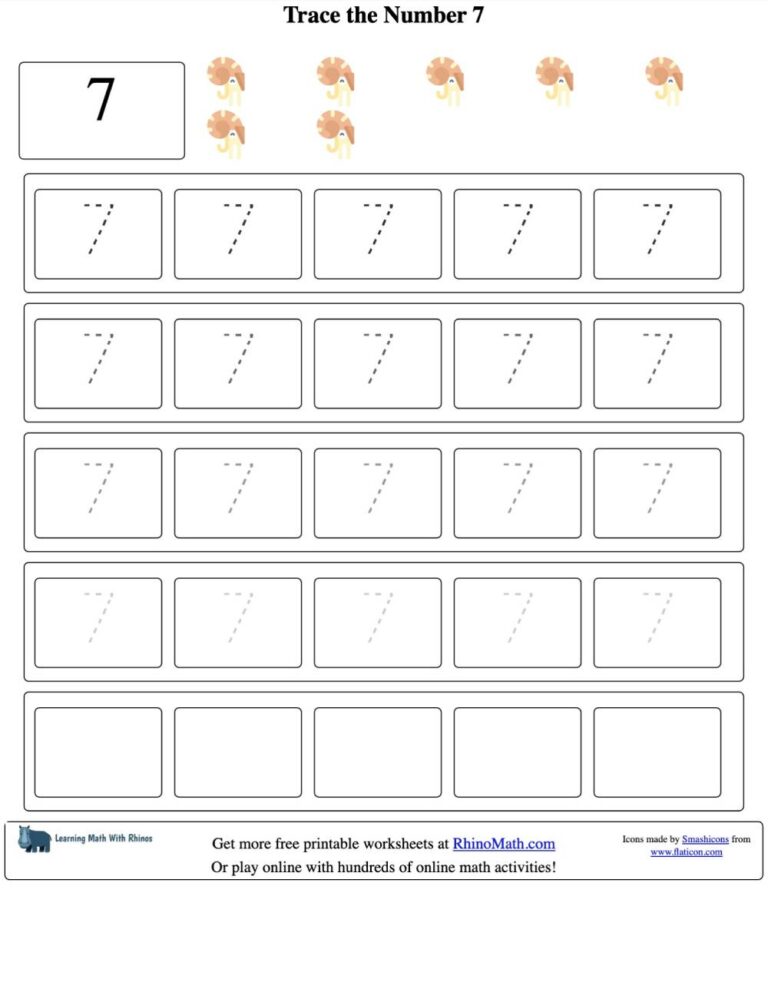 Tracing the Number 7 - Number Tracing Worksheets - RhinoMath.com ...