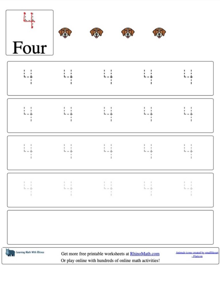 Tracing the Number 4 - Number Tracing Worksheets - RhinoMath.com ...