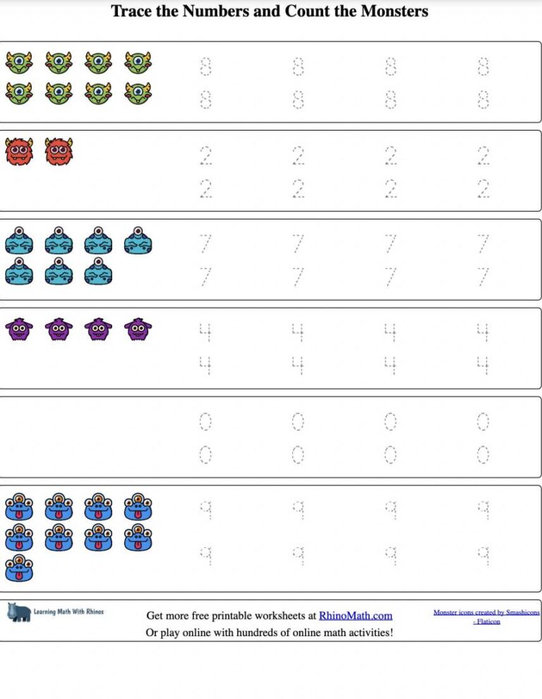 Counting Monsters and Tracing Numbers (0-10) – Worksheet 2 - RhinoMath ...