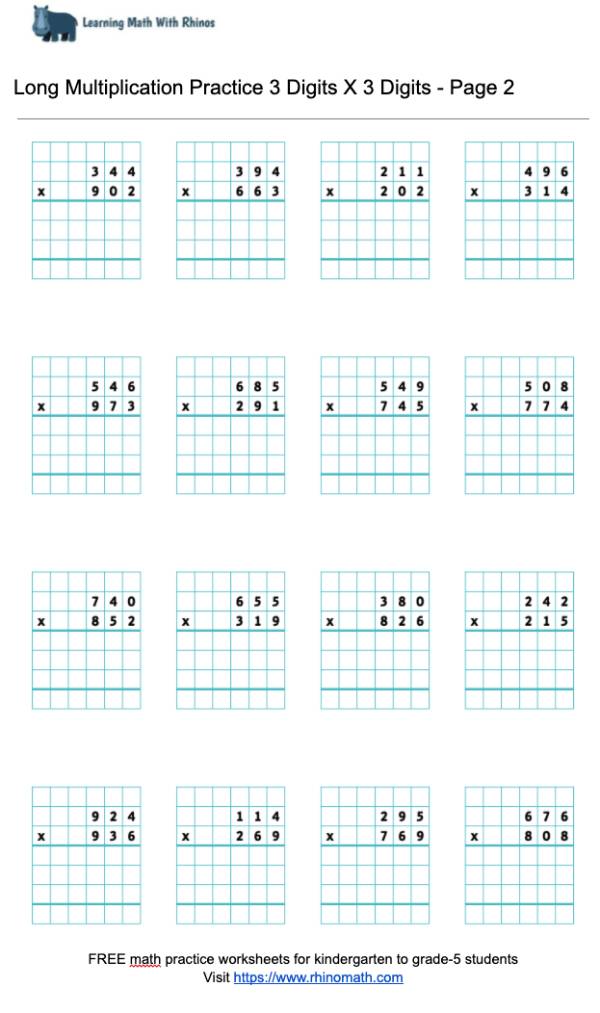 Long Multiplication Practice 3 Digits X 3 Digit Page 2 RhinoMath